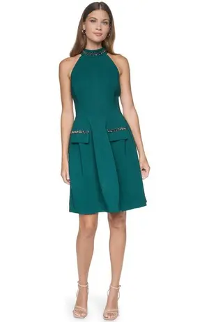 Halston Embellished Halter Fit-and-flare Dress
