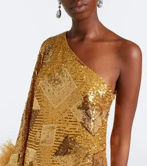 TALLER MARMO Feather-trimmed Sequined Gown