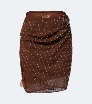 JACQUES WEI Draped Embellished Lace-trimmed Miniskirt - Brown