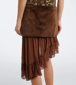 JACQUES WEI Layered Shearling And Chiffon Miniskirt
