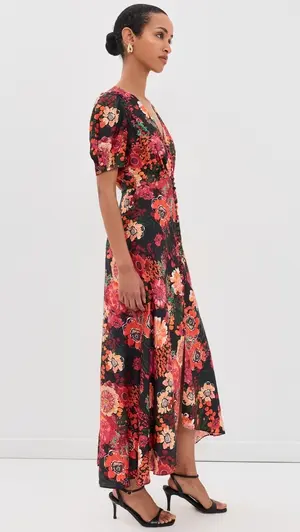 Saloni Lea Silk Long Dress - Aster Flame