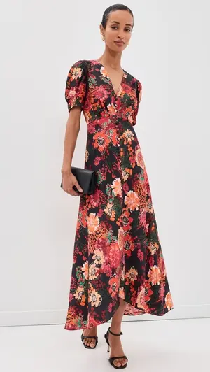 Saloni Lea Silk Long Dress - Aster Flame