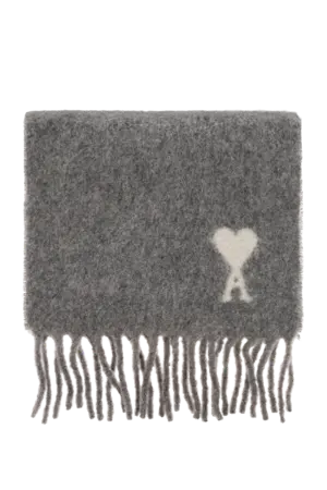 AMI Paris Wool Scarf With Logo - Grey