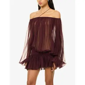 NENSI DOJAKA Ruched Off-shoulder Silk Mini Dress