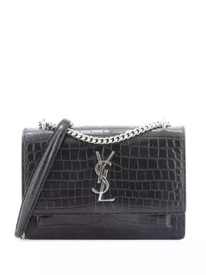 Saint Laurent Sunset Chain Wallet Crocodile Embossed Leather Crossbody Bag - Black