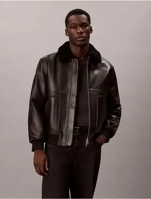 Calvin Klein Leather Bomber Jacket - Black