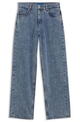 Hugo Wide-leg Loose-fit Jeans In Logo-jacquard Denim