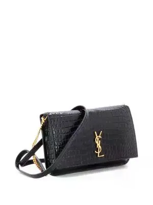 Saint Laurent Classic Monogram Phone Holder Shoulder Bag Crocodile Embossed Leather Crossbody Bag - Black