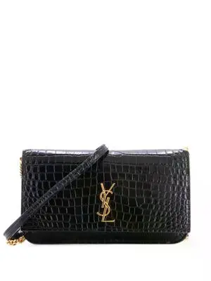 Saint Laurent Classic Monogram Phone Holder Shoulder Bag Crocodile Embossed Leather Crossbody Bag - Black