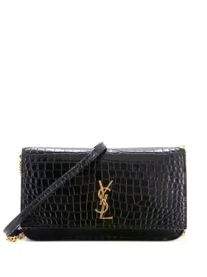Saint Laurent Classic Monogram Phone Holder Shoulder Bag Crocodile Embossed Leather Crossbody Bag - Black