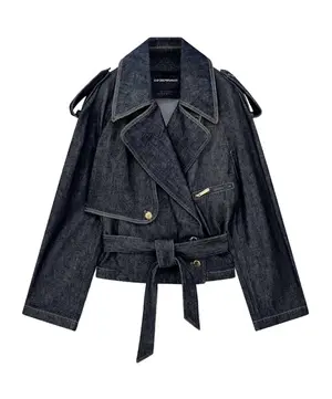 Emporio Armani Belted Denim Jacket With Wide Lapels And Epaulettes