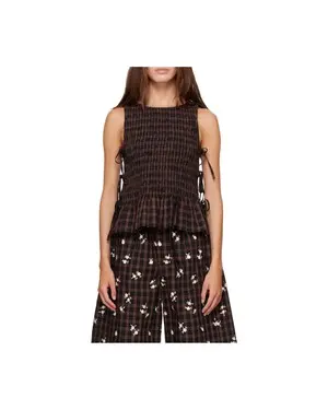 GANNI Smocked Check Lace-up Top