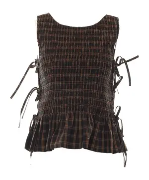GANNI Smocked Check Lace-up Top - Brown