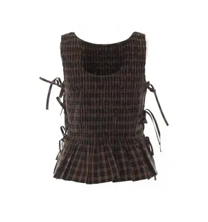GANNI Smocked Check Lace-up Top - Brown