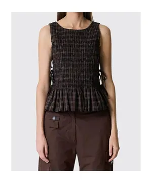 GANNI Smocked Check Lace-up Top - Brown