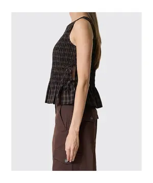 GANNI Smocked Check Lace-up Top - Brown
