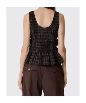 GANNI Smocked Check Lace-up Top - Brown