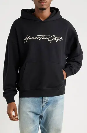 HONOR THE GIFT Script Cotton Graphic Hoodie - Black