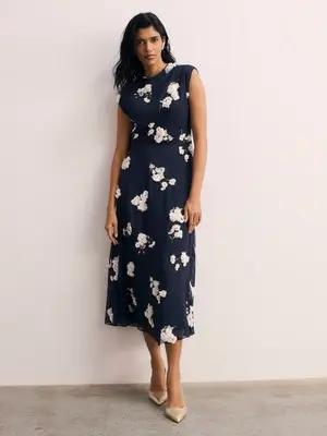 The Fold Embroidered Floral Midi Dress Cap Sleeve - Navy