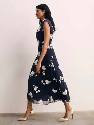 The Fold Embroidered Floral Midi Dress Cap Sleeve