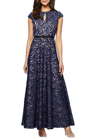 Alex Evenings Embroidered Gown - Navy/nude