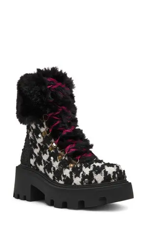 Betsey Johnson Matillda Platform Boot With Faux Fur Trim - Houndstooth