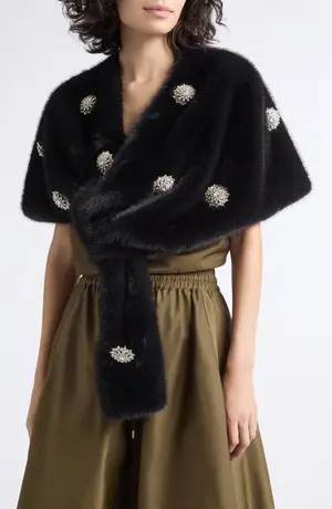 Cinq À Sept Rhinestone Dahlia Gianella Faux Fur Stole - Black