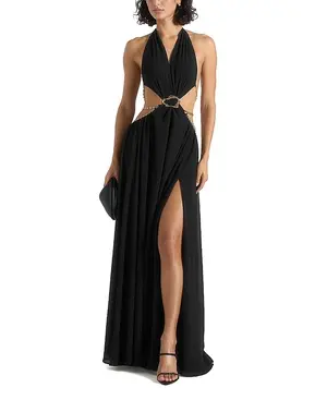 Manière De Voir June Chain Belt Cut-out Georgette Halter Maxi Dress - Black