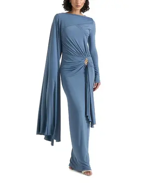 Manière De Voir Edena Asym Ruched Draped Maxi Dress Blue