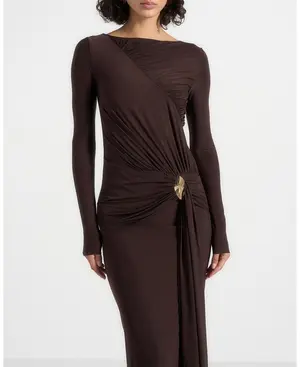 Manière De Voir Edena Asym Ruched Draped Maxi Dress - Brown