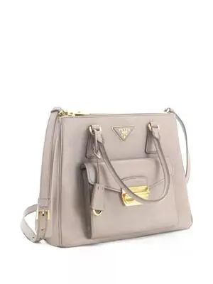 Prada Front Pocket Double Zip Lux Saffiano Leather Small Tote Bag