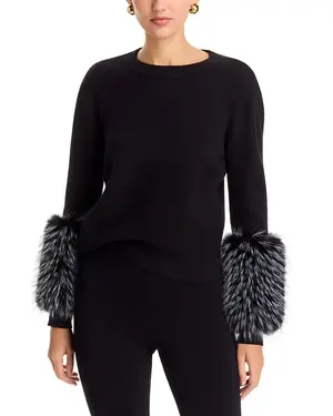 T Tahari Faux Fur Cuff Crewneck Sweater