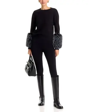 T Tahari Faux Fur Cuff Crewneck Sweater