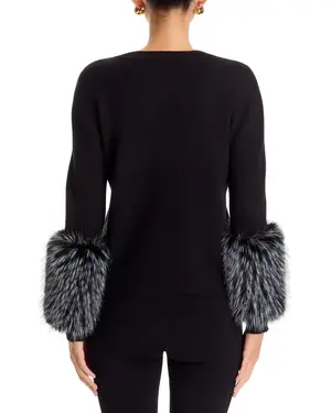 T Tahari Faux Fur Cuff Crewneck Sweater