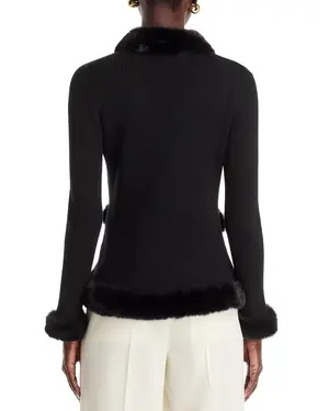 T Tahari Faux Fur Trim V Neck Cardigan - Black