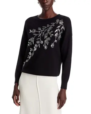 T Tahari Floral Embellished Crewneck Sweater - Black