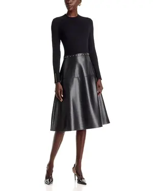 T Tahari Mock Neck Mixed Media Studded Dress - Black
