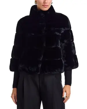 T Tahari Faux Fur Mock Neck Jacket - Black