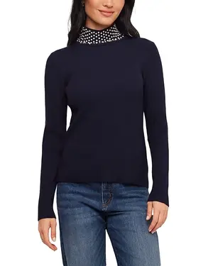 Karen Kane Faux Peal Embellished Turtleneck Ribbed Sweater - Navy