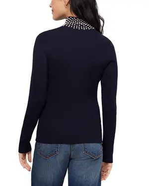 Karen Kane Faux Peal Embellished Turtleneck Ribbed Sweater - Navy