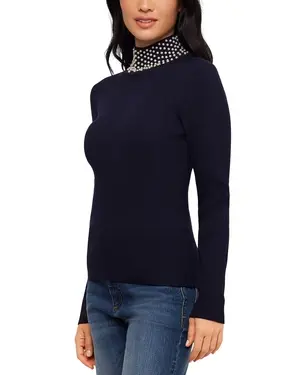 Karen Kane Faux Peal Embellished Turtleneck Ribbed Sweater - Navy