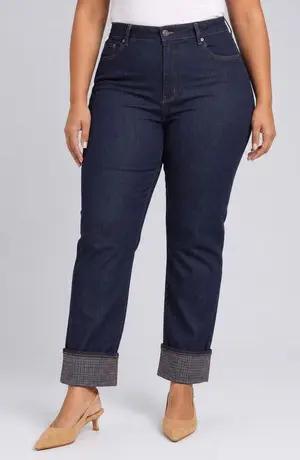 NYDJ Kasey High Waist Plaid Cuff Ankle Stovepipe Jeans - Rinse