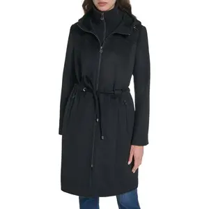 Cole Haan Hooded Wool Blend Zip Up Coat Black