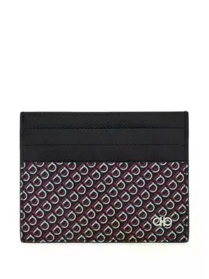 FERRAGAMO Gancio-print Hammered Leather Card Holder - Black