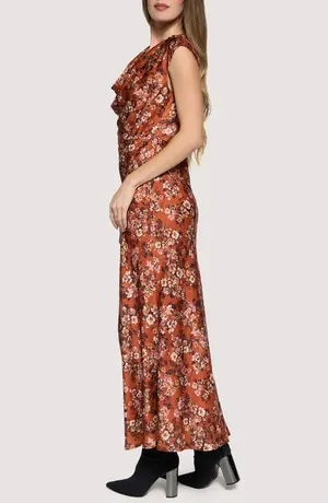 LOST + WANDER Bouquet Cowl Neck Satin Maxi Dress