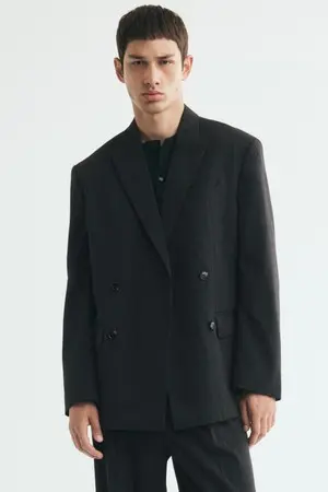 H&M Relaxed-fit Double-breasted Jacket - Black/pinstriped