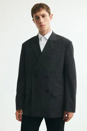 H&M Relaxed-fit Double-breasted Jacket - Dark Gray/checked
