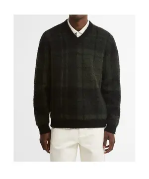 Barbour V-neck Plaid Fuzzy Knit Sweater