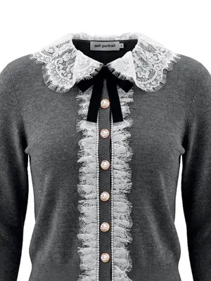 SELF-PORTRAIT Cardigan With Lace Collar And Bow Detail