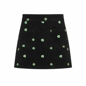 YUMI Flower Embroidered Cord Mini Skirt - Black